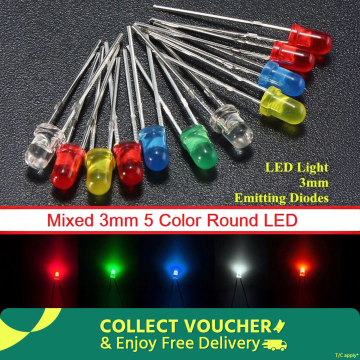 50Pcs LED Mixed 3mm 5 Color Red Green Blue Yellow White Round LED Light Emitting Diode Basic ...