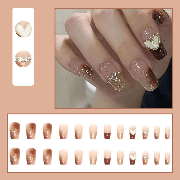 24Pcs Caramel Heart Gold Foil Fake Nails with Glue DIY Art Design False ...