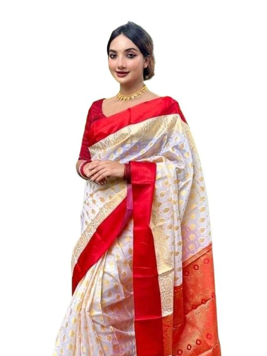 Most Popular White & Red Soft Silk Katan Saree For Women.Best Stylish ...