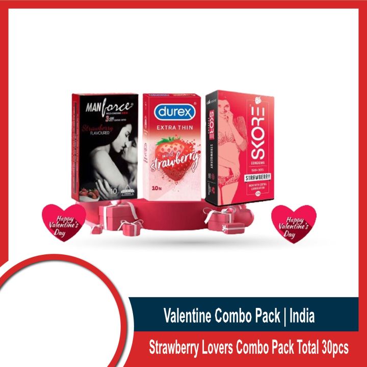 Durex Valentine Pack - Strawberry Lovers Combo Pack - Manforce Strawberry, Skore Strawberry ...