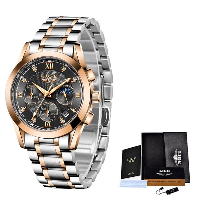 LIGE LG8912S Stainless Steel Chronograph Watch For Men – Black Silver ...
