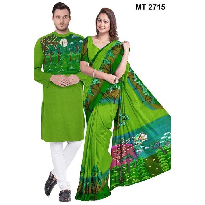 Multicolor Falgun Special Hand Paint Half Silk Saree & Cotton Panjabi ...