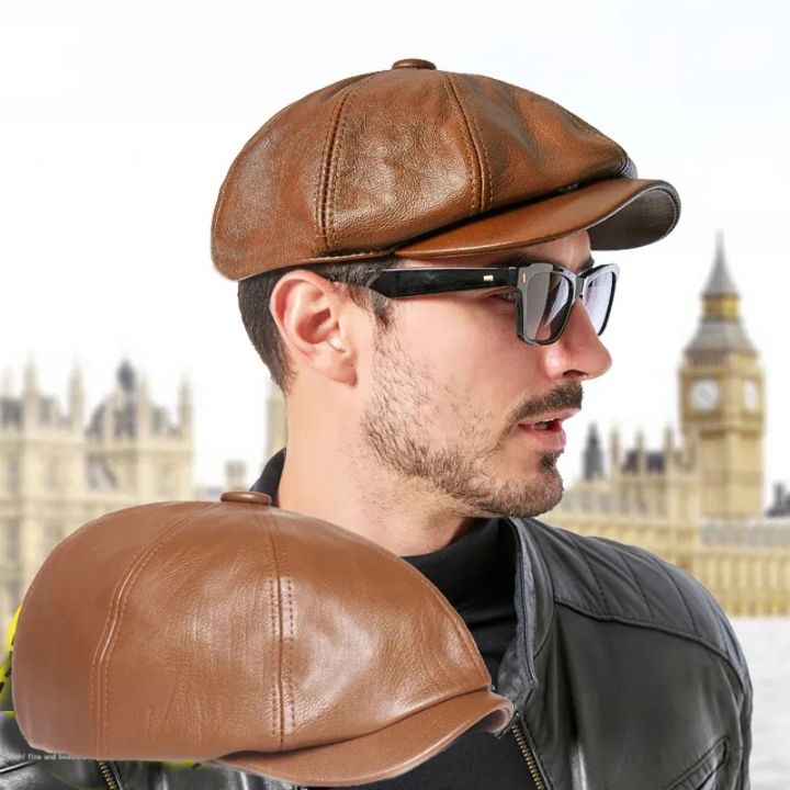 British Retro Man Leather Flat Octagonal Hat Spring Autumn Outdoor ...