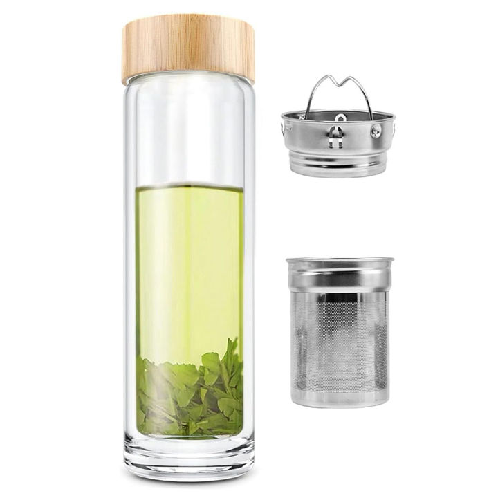 Double Wall Glass Water Bottle with Tea Infuser High Borosilicate Glass ...