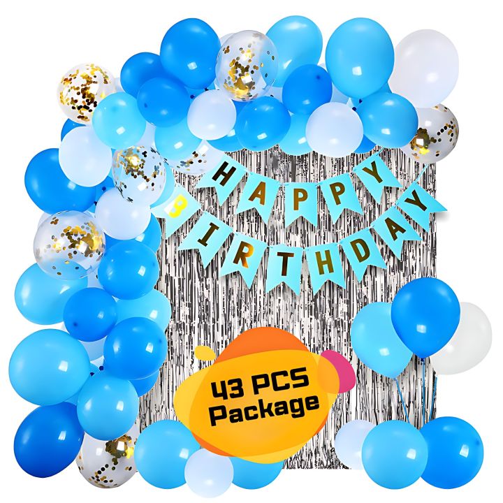 Happy Birthday Decoration Combo Pack – Foil Curtain, Card Banner, Metallic Balloons & Golden ...