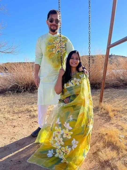 New Exclusive Designer Half Silk Hand Print Saree And Dhupian Panjabi For Combo Couple Set ...