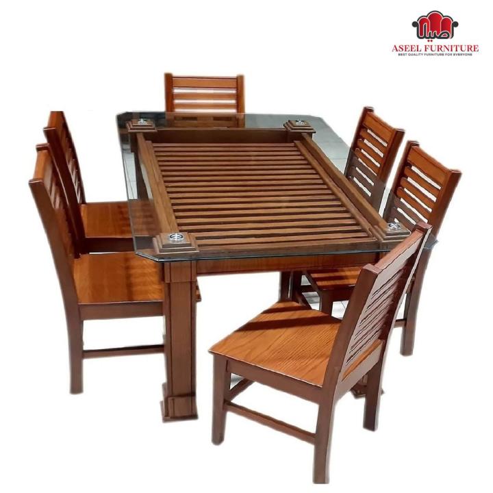 Simple Design Sub Veneer 6 Chair Dining Set With 10 mm Tempered Glass ...