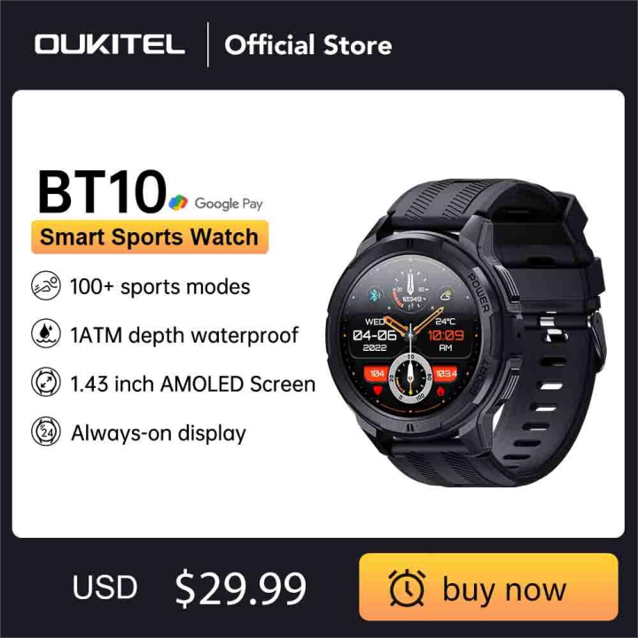 Oukitel BT10 SmartWatch Sport 2024 Smart Watch For Men 410mAh 1.43 Inch BT5.2 Men's Smartwatch ...