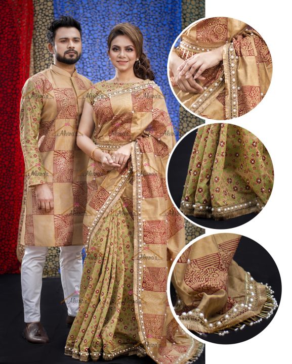 Exclusive Designer Block Print Half Silk Saree With Extra Belt ...