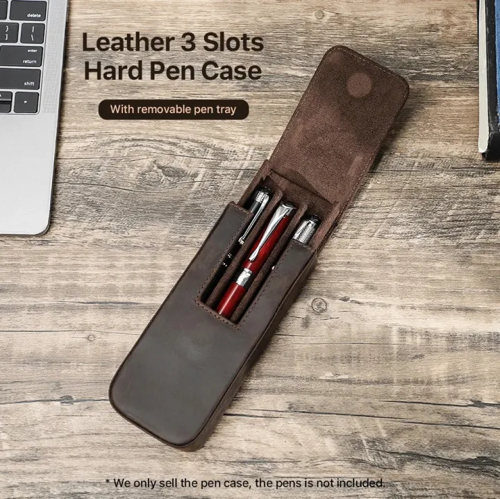 Luxury Genuine Leather 3 Slots Pen Case with Removable Pen Tray Holder ...