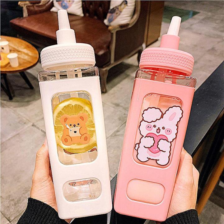 Kawaii Bear Water Bottle For Girls Cute Plastic School Gym Drinking Bottle With Straw Sticker ...