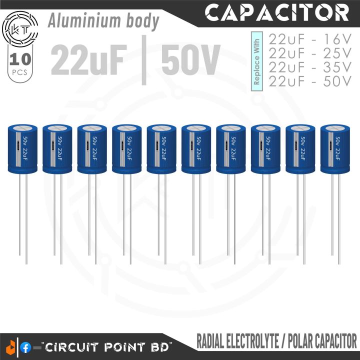 22uF 50V Radial Electrolytic Capacitor (10-Pcs) – Polarized Aluminum ...