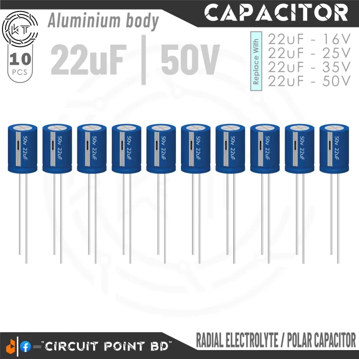 22uF 50V Radial Electrolytic Capacitor (10-Pcs) – Polarized Aluminum ...