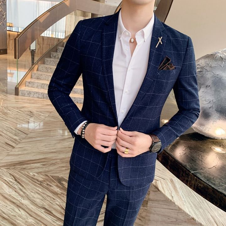 7XL Men's Formal Suit Two-piece Fashion Plaid Striped Men's Casual ...