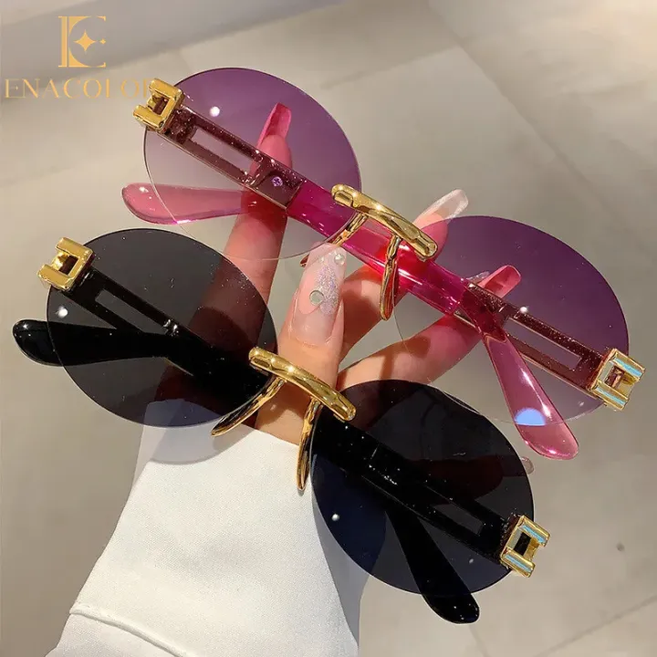 Enacolor Rimless Oval Anti-purple Line Sunglasses Gold Metal Outdoor ...