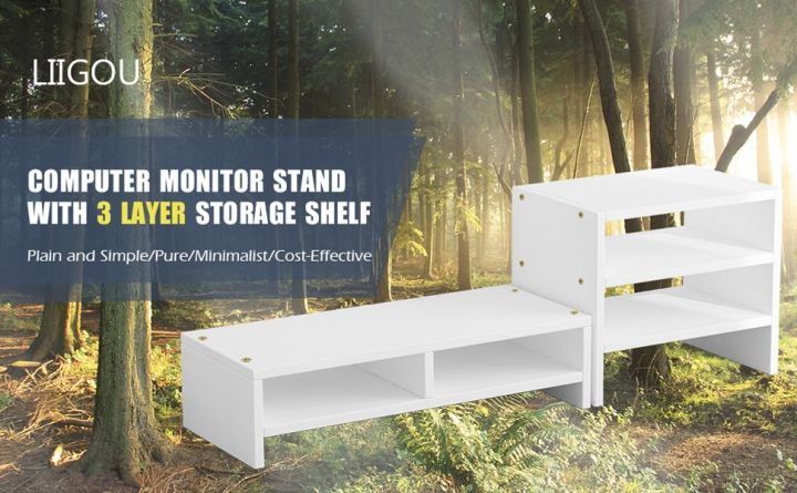 Computer Monitor Display Stand With Storage Rack 3 Shelf-Color White ...