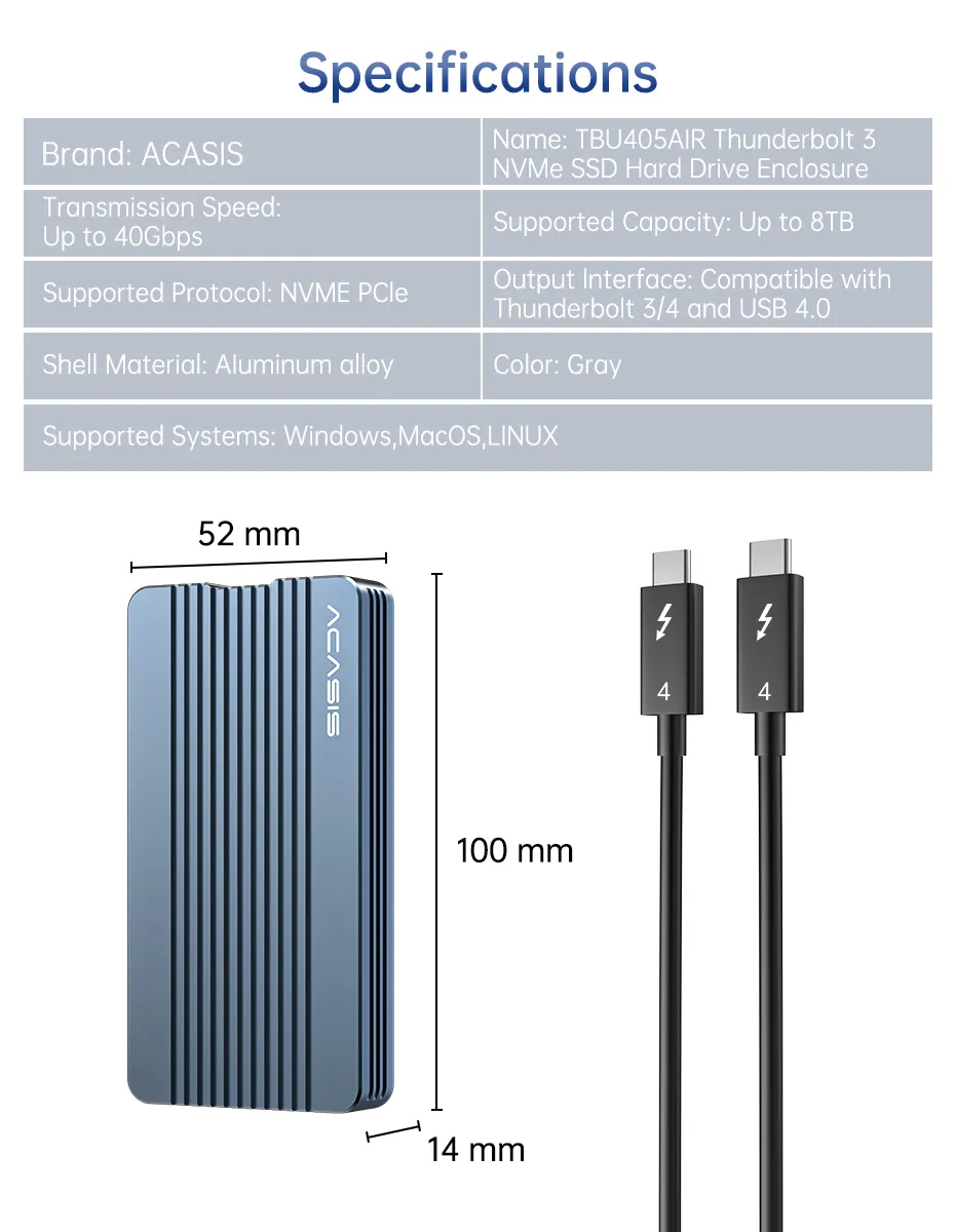Acasis Thunderbolt 3 40Gbps M.2 NVME SSD Enclosure 8TB Transparent USB ...