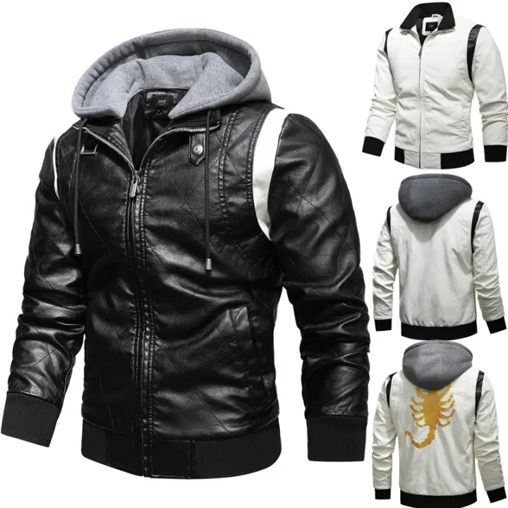 Autumn Winter Bomber Leather Jacket Men Scorpion Embroidery Hooded ...