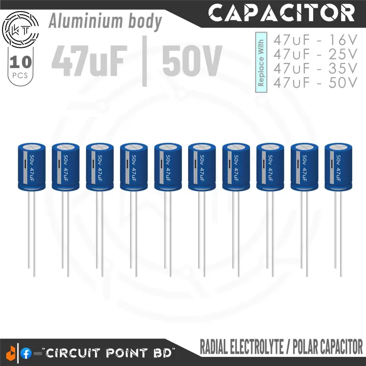 47uF 50V Radial Electrolytic Capacitor (10-Pcs) – Polarized Aluminum ...