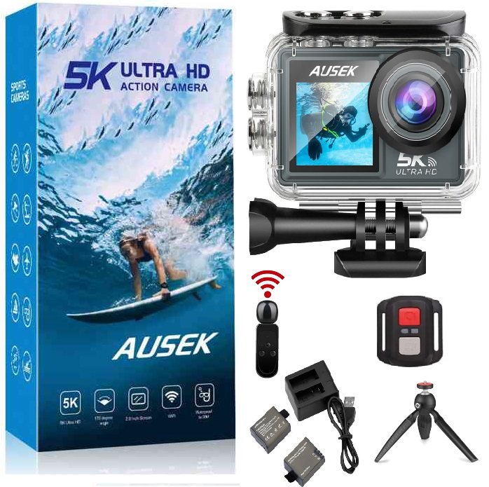 Ausek AT-M40R 5K Ultra HD Dual Screen 5K/4K Waterproof Action Camera With Wireless Microphone ...