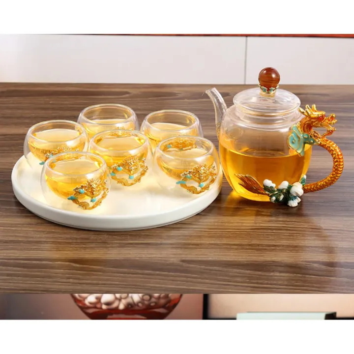 7 Pcs Enamel Glass Tea Set Heat Resistant Clear Pot Cup Party Wedding ...