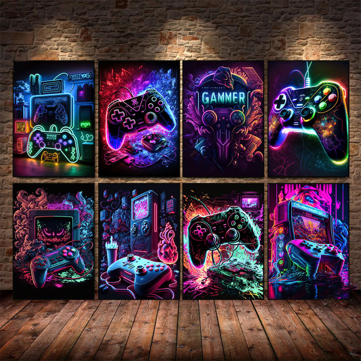 Neon Game Canvas Paintings Game Controller Gamer Gaming Neon Posters ...
