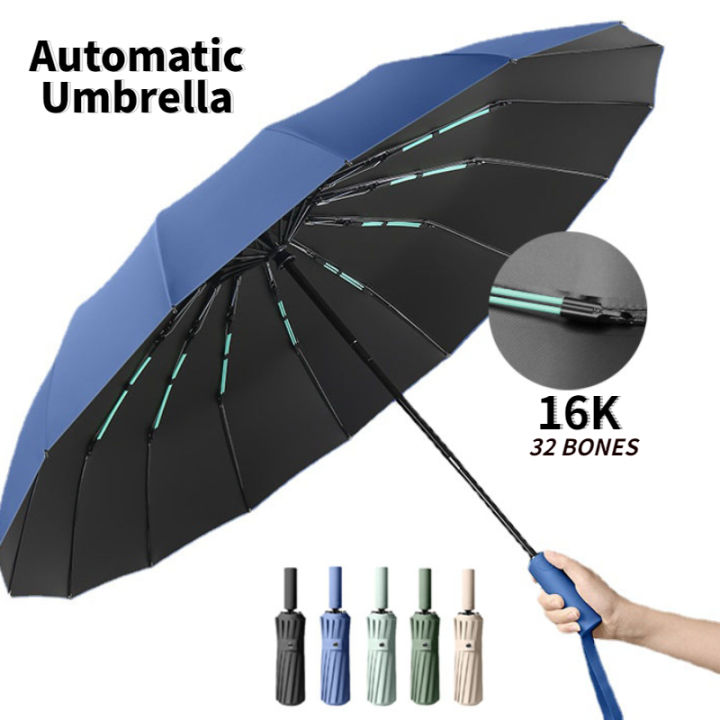 16K Double Bones Large Automatic Umbrella Men Womens Windproof Compact ...