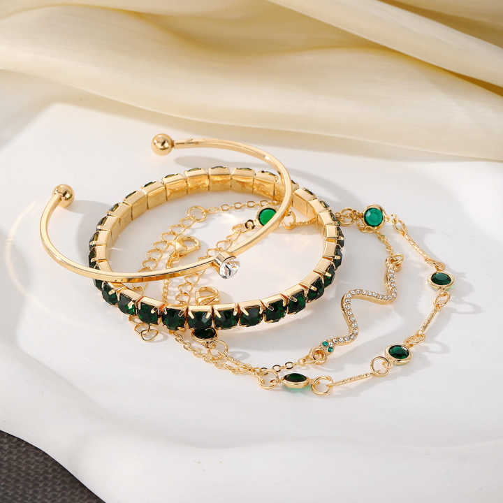 4pcs Bracelet Set Rhinestone Green Gems Chains Bangle Gold Fashion Jewellery For Women | Daraz ...