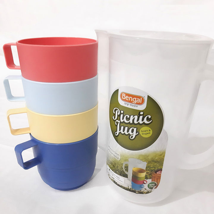 Plastic Jug With Multicolor Cup picnic jug Tea cup set with Jug - 5pcs ...