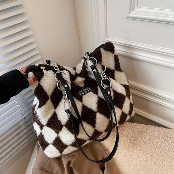 （New）Women Pluh Checkerboard Pattern Top-handle Bag Large Capacity ...