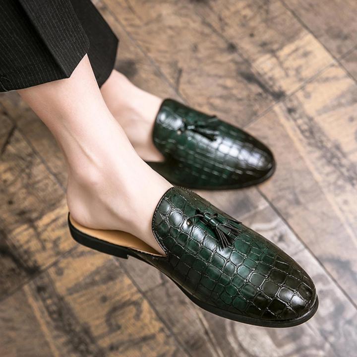 Black Patent Leather Crocodile Mules Men Half Shoes For Man Fashion
