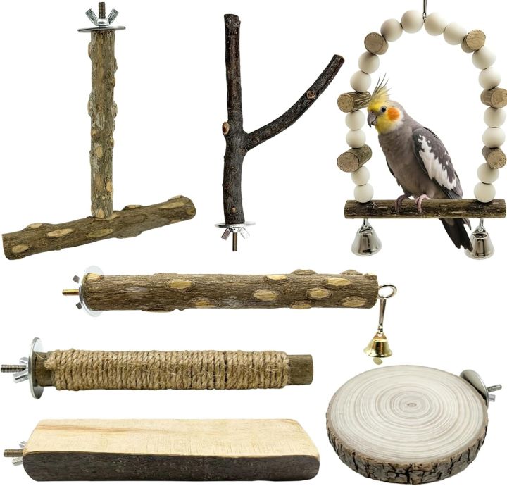 7Pcs Natural Wooden Bird Perch Set – Parrot Perch Toys, Wooden Perch ...