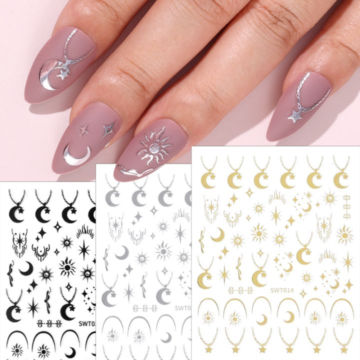 Nails Stickers Mental Sun Moon Star Lock Angel Wing Decals Nail Charms ...