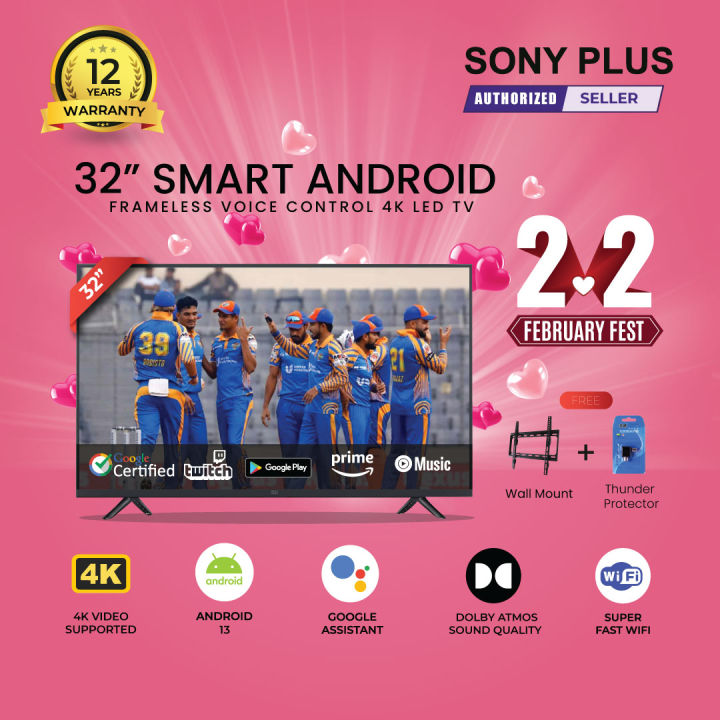 Sony Plus 32 inch Frameless Voice Control Smart LED TV Wi-Fi Full HD 4K Supported Android ...
