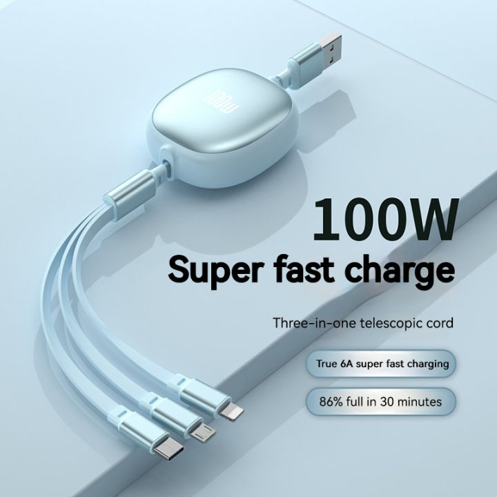 Aluminium alloy 3-in-1 retractable data cable super fast charging 100W ...