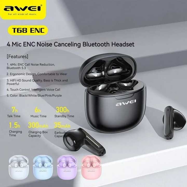 Awei T68 Bluetooth 5.3 Earphones TWS Wireless Earbuds Stereo Sports ...
