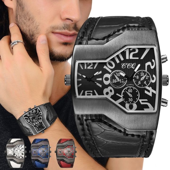 Oulm Classic Style Two Time Zone Men's Watches PU Leather Wristwatch ...