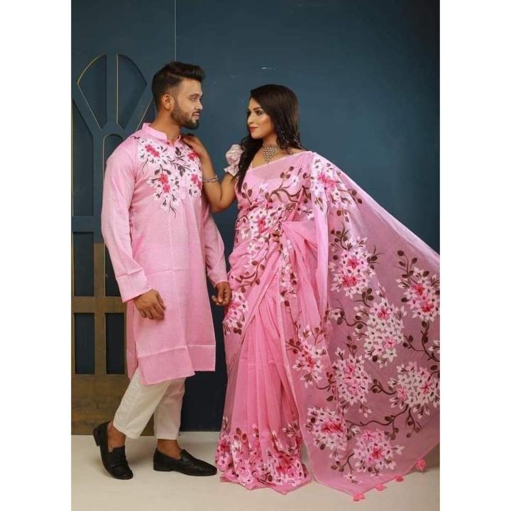 New Exclusive Designer Half Silk Hand Print Saree And Dhupian Panjabi ...