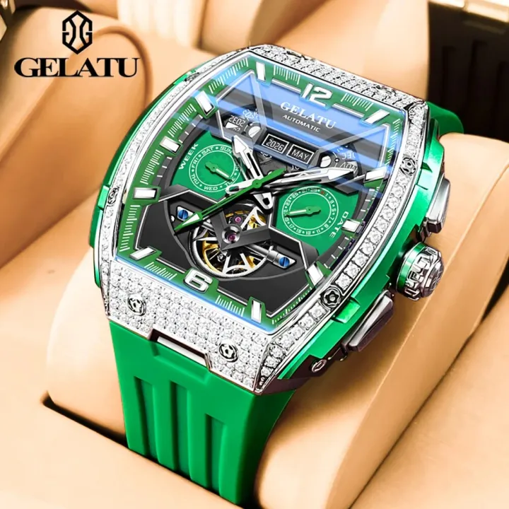 GELATU High Quality Tonneau Men's Watches Waterproof Hollow out ...