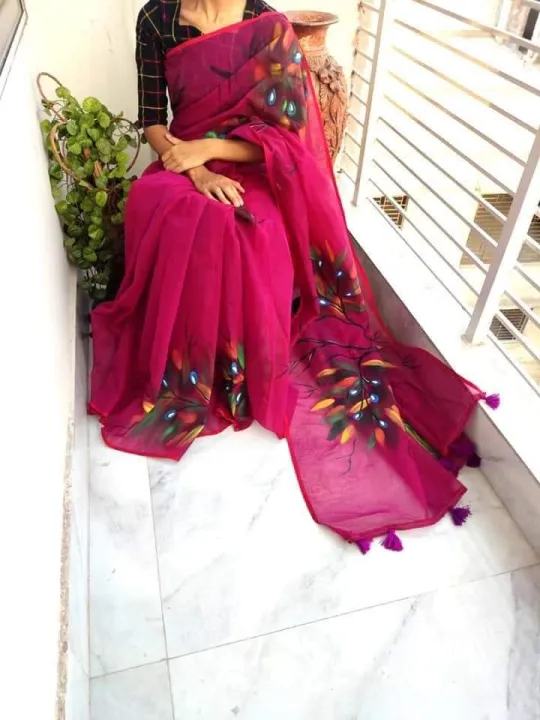 Stylish and Comfortable, Half Silk Sharee For Women Muslin Silk Hand ...