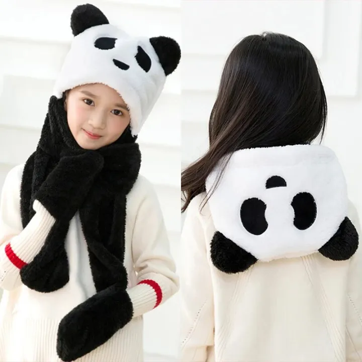 3 in 1 Winter Animal Hat Scarf Mitten Combo Panda Bear Cute Hood Hoodie ...