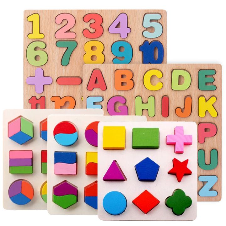 Wooden Puzzle Alphabet Number Shape Matching Board Baby Early Learning ...