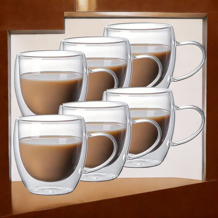 Set of 6 Double Layer Coffee Mugs - 250ml Borosilicate Glass, Heat ...