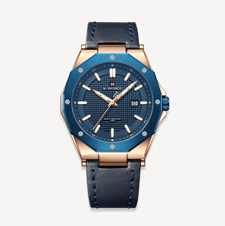NAVIFORCE NF9200L Navy Blue PU Leather Analog Watch For Men - RoseGold ...
