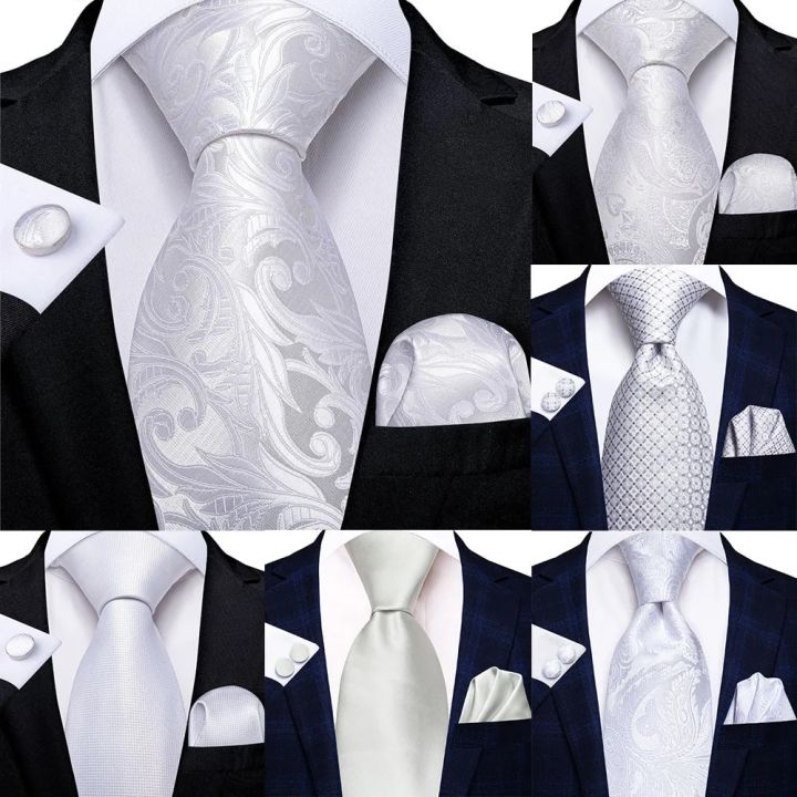 2024 New Men's Ties White Floral Hanky Cufflinks Set Silk Neck ties For ...