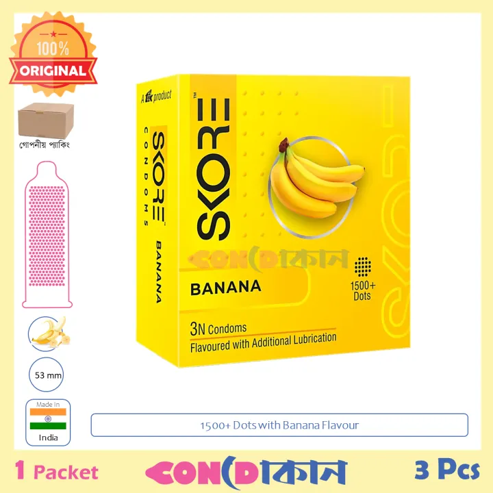 SKORE 1500+ Dots Banana Flavoured Condom Indian 1 Packet (3 Pcs ...