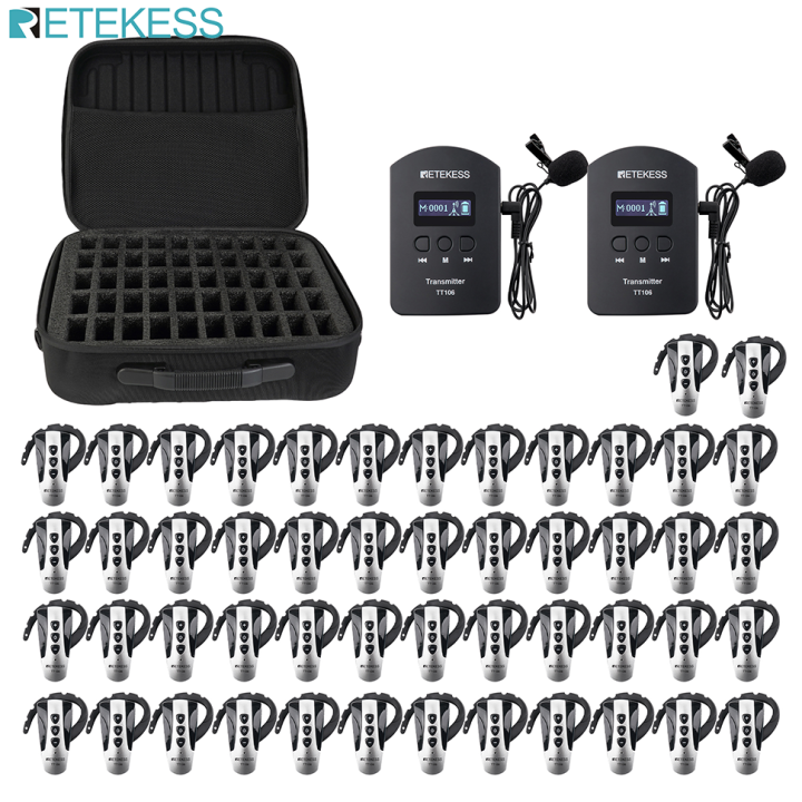 Case of 2 Transmitter and 50 Receivers, Retekess TT106, Tour Guide System with Portable 50 Slot ...