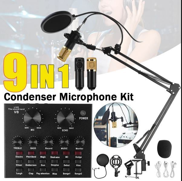 Bm 800 Condenser Microphone, Live Sound Card V8 Professional Mic Set ...