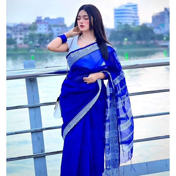 Blue color tangail half silk Nokshi Saree for Women by tangai shaee ...