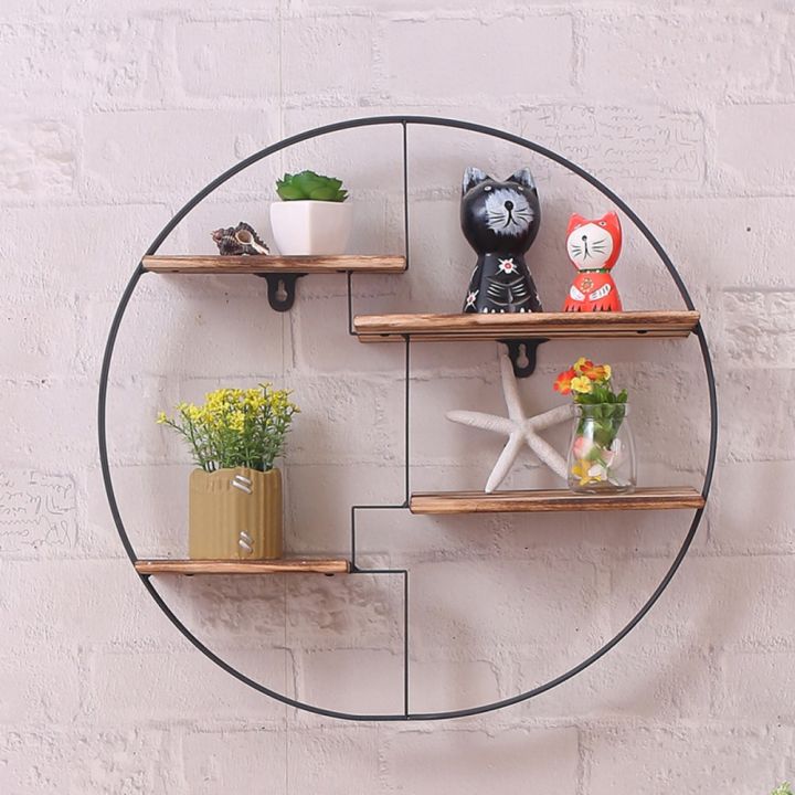 Utility Round Wall Unit Retro Wood Industrial Style Metal Shelf Rack ...